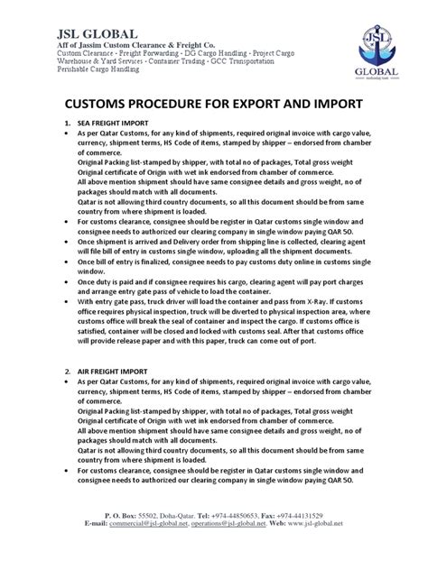 qatar customs procedure for export and import pdf cargo customs