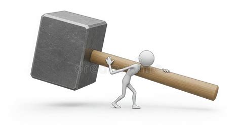 Cartoon Figure Struggling Under The Weight Of An Oversized Hamme Stock Illustration