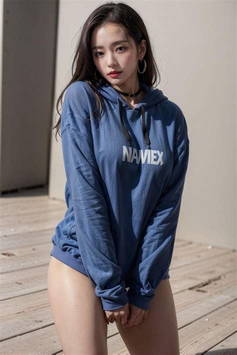 Ai로 그린 푸른색 오버사이즈 후드티 입은 여자 그리기 만들기 짧은 의상 얼짱 패션 패션