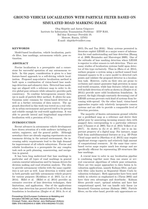 Pdf Ground Vehicle Localization With Particle Filter Based On Simulated Road Marking Image