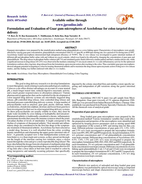 Pdf Formulation And Evaluation Of Guar Gum Microspheres Of Aceclofenac For Colon Targeted Drug