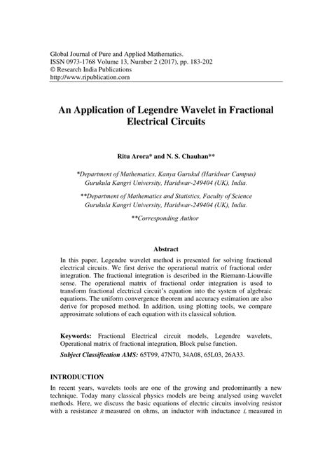 Pdf An Application Of Legendre Wavelet In Fractional Electrical Circuits