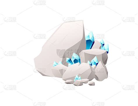 灰色石头与蓝色发光矿物矿石平面矢量插图孤立在白色背景卡通风格的游戏设计项目