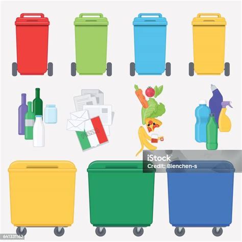 垃圾桶上的垃圾分類用塑膠紙張玻璃和有機廢物回收垃圾桶廢物管理理念向量圖形及更多分離圖片 分離 垃圾 垃圾桶 Istock