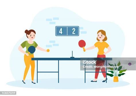 คนเล่นกีฬาเทเบิลเทนนิสกับไม้และลูกของการแข่งขันเกมปิงปองในการ์ตูนแบนมือวาดแม่แบบภาพปร ภาพประกอบ