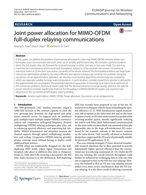 Pdf Joint Power Allocation For Mimo Ofdm Full Duplex Relaying Communications