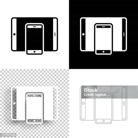 태블릿 Pc 와 스마트 폰 디자인 아이콘입니다 빈 흰색 및 검은색 배경 선 아이콘 Brand Name Smart Phone에