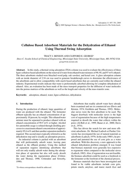Pdf Cellulose Based Adsorbent Materials For The Dehydration Of Ethanol Using Thermal Swing
