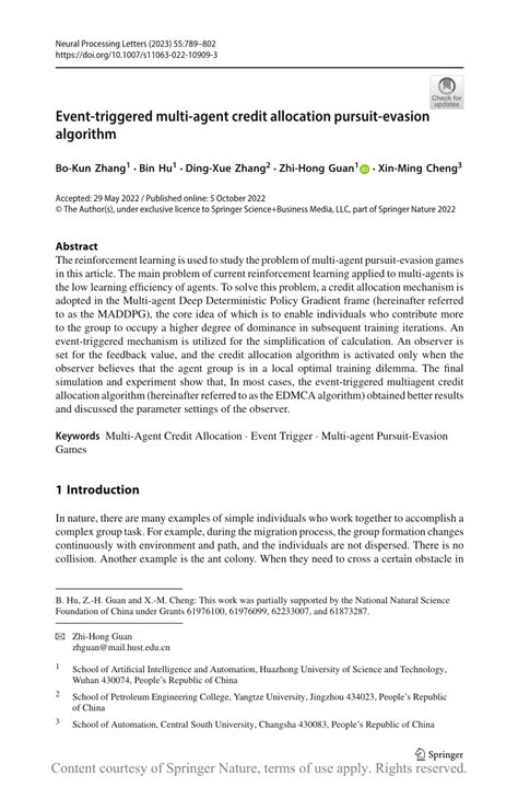 event triggered multi agent credit allocation pursuit evasion algorithm request pdf