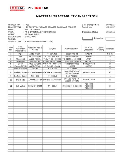 I018 Material Traceability Inspection Pipe Spool Pdf Pipe Fluid Conveyance Hydraulic