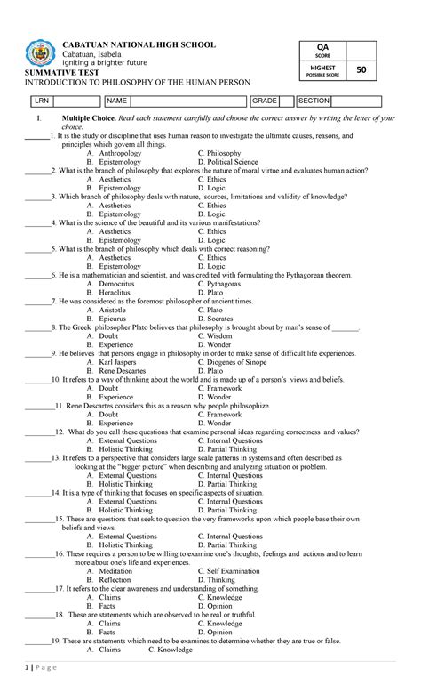 summative test introduction to philosophy of the human person cabatuan