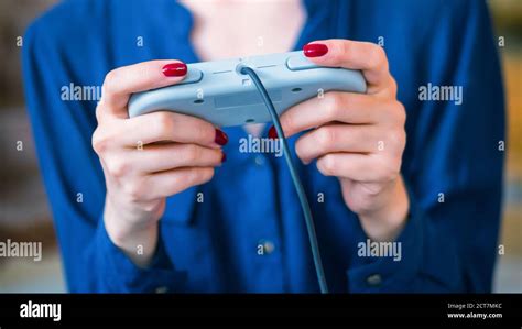 Woman Using Retro Gaming Console Controller Gaming Hobby Technology And Leisure Time Concept