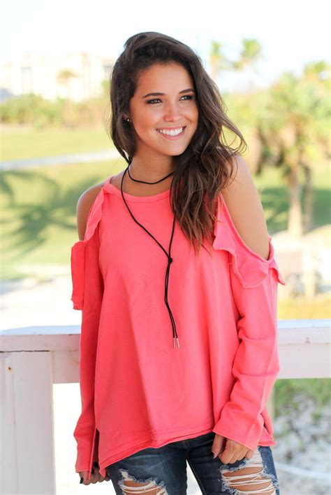 Coral Cold Shoulder Top With Ruffle Detail Cute Top Saved By The Dress