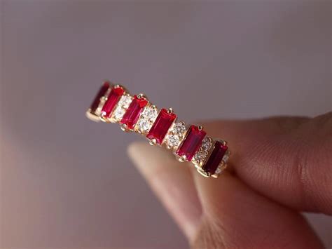 14k Solid Gold Ruby Ring Dainty Stacking Ring Emerald Cut Ruby Band