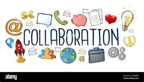 Hand Drawn Collaboration Text With Icons On White Background Stock