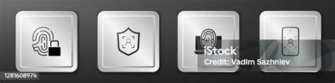 잠금 장치 방패 얼굴 인식 노트북 지문 및 모바일 및 아이콘으로 지문을 설정합니다 실버 스퀘어 버튼 벡터 건강관리와 의술에 대한 스톡 벡터 아트 및 기타 이미지 Istock