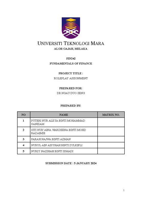 Fin242 Group Assignment Alor Gajah Melaka Fin Fundamentals Of