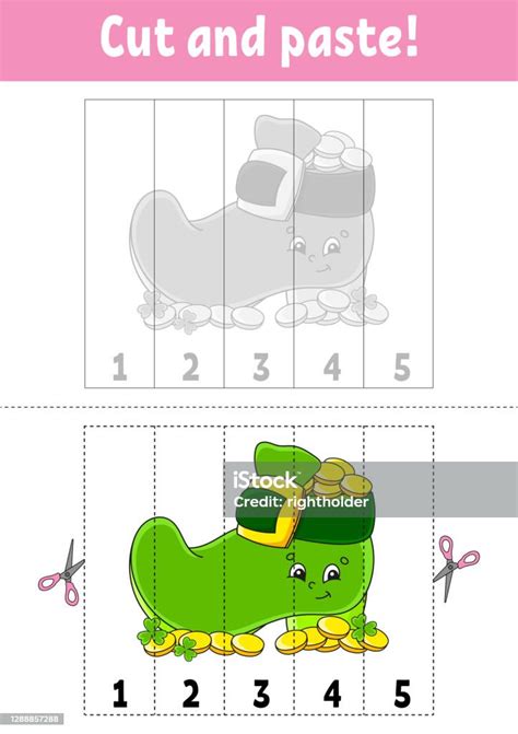 학습 번호 15 잘라 내고 접착제 만화 캐릭터 워크시트를 개발하는 교육 아이들을위한 게임 활동 페이지입니다 색상 격리 된 벡터 그림입니다 성 패트릭의 날 0명에 대한 스톡