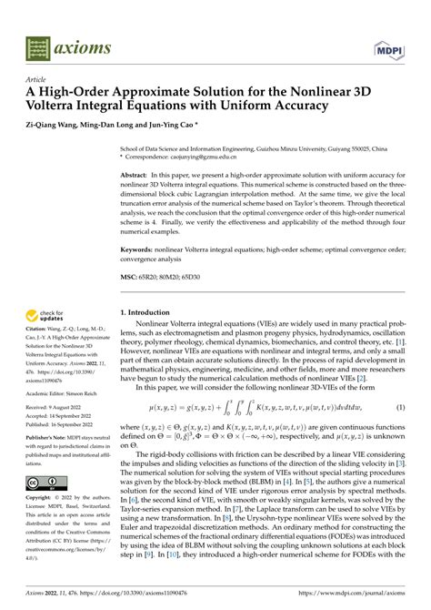 Pdf A High Order Approximate Solution For The Nonlinear 3d Volterra Integral Equations With