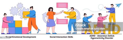 사회적 정서적 발달 사회적 상호 작용 기술 Adhd 작은 사람들과 주의력 결핍 과잉 행동 장애 개념 아동 심리학 추상 벡터