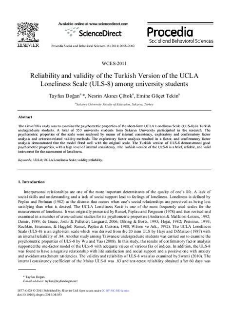 Pdf Reliability And Validity Of The Turkish Version Of The Ucla Loneliness Scale Uls 8 Among