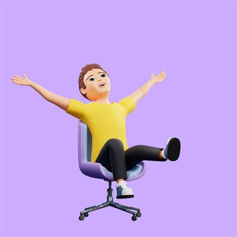 행복하고 기뻐하는 남자의 래스터 그림 노란색 티셔츠를 입은 젊은 남자가 다리와 팔을 들고 의자에 앉아 업무와 광고를 위한 만족스러운 3d 렌더링 삽화 프리미엄 사진