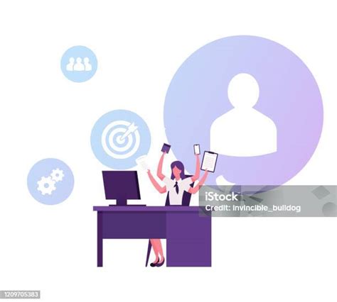 컴퓨터 들고 문구 가젯 작업 도구 및 종이 문서와 함께 직장에 앉아 많은 손을 가진 바쁜 여자 위임 기관 및 멀티 태스킹 만화