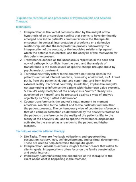 Explain The Techniques And Procedures Of Psychoanalytic And Adlerian Therapy Pdf