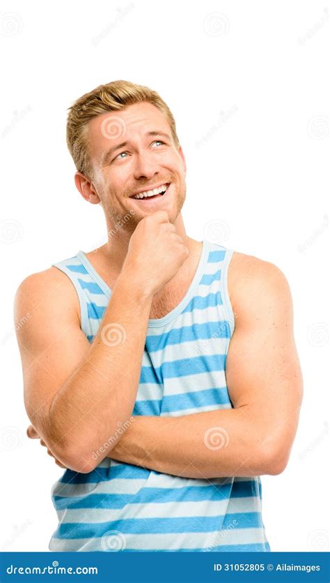 Joyful Young Man Looking Up Thinking Isolated On White Background Stock