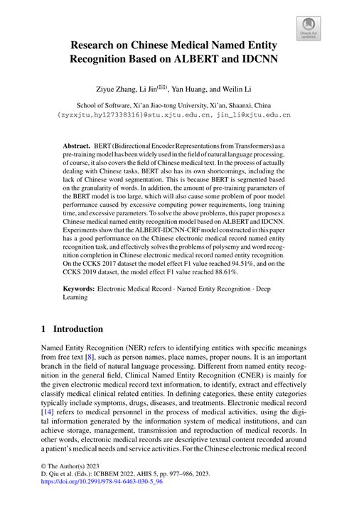 Pdf Research On Chinese Medical Named Entity Recognition Based On Albert And Idcnn
