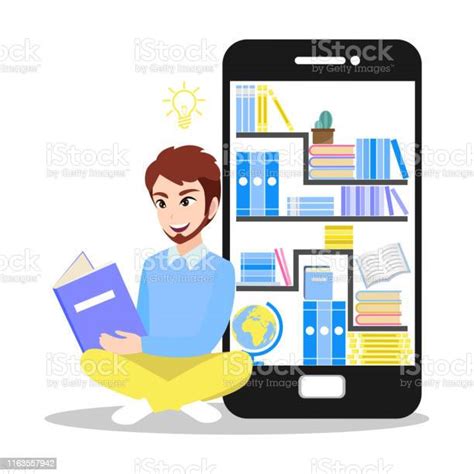 마이크로 학습 개념입니다 휴대 전화와 만화 캐릭터 디자인 벡터 일러스트에 온라인 라이브러리에서 책의 집합입니다 개념에 대한 스톡