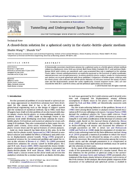 Wang 2011 Closed Form Solution Spherical Cavity Elastic Brittle Plastic Pdf