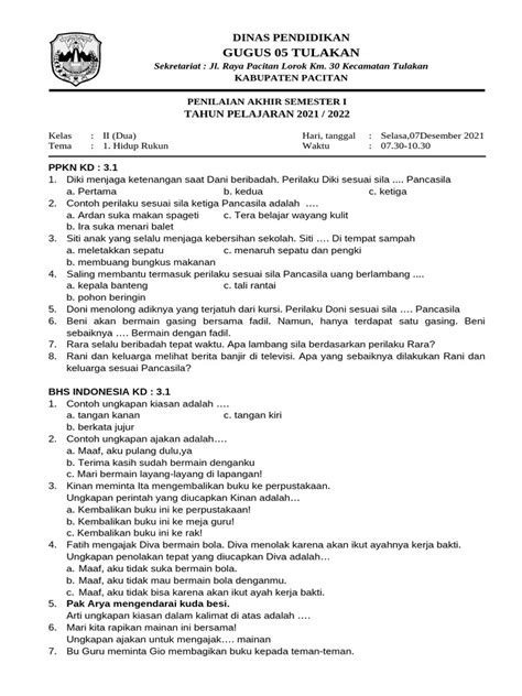 Soal Pas Smt 1 Kelas 2tema 1 20212022 Pdf