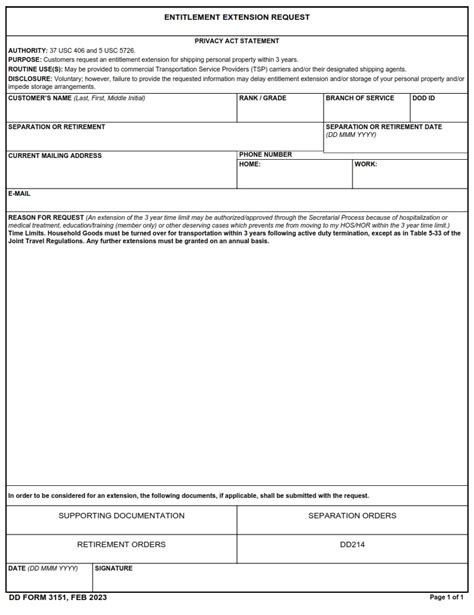 Dd Form 3151 Entitlement Extension Request Dd Forms