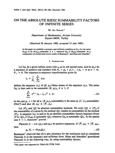 Pdf On Two Absolute Riesz Summability Factors Of Infinite Series