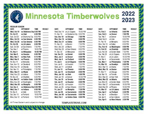 Timberwolves Schedule Printable