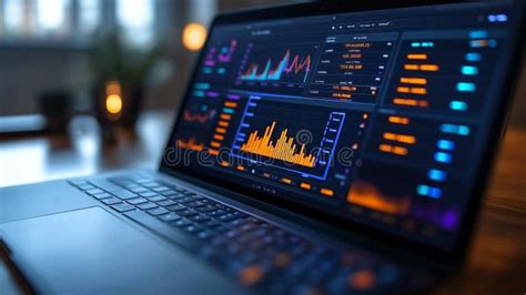 Laptop Displaying Complex Financial Data With Colorful Graphs And