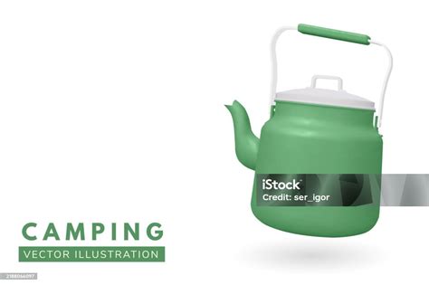녹색 캠핑 주전자 물 보일러는 흰색 배경에 고립되어 있습니다 벡터 일러스트 레이 션 야외 애호가 등산객 및 생존주의자를 위한 3d 캠핑 냄비 주전자 3차원 형태에 대한 스톡