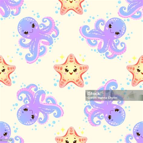 밝은 배경에 귀여운 웃는 문어와 불가사리가 있는 아이들의 완벽 한 패턴 벡터 일러스트 레이 션 미소에 대한 스톡 벡터 아트 및