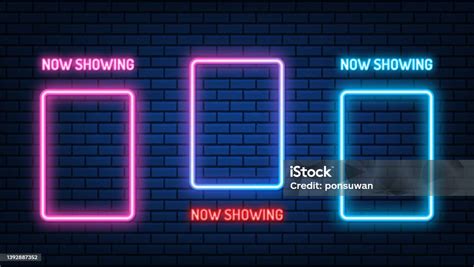 네온 시네마 모형 서명 빛나는 컬러 네온 스퀘어 빛나는 주도 또는 할로겐 램프 프레임 배너 벽돌 벽 벡터 세트에 라이트박스에 대한 스톡 벡터 아트 및 기타 이미지 Istock