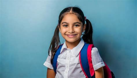 Premium Photo Smiling Girl With Backpack Going To Class On Blue
