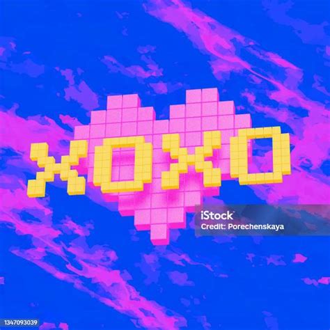 3d 렌더 패션 진 콜라주 아트 픽셀 심장과 텍스트 Xoxo 발렌타인 데이 생일 파티 축하 컨셉 기하에 대한 스톡 사진 및 기타