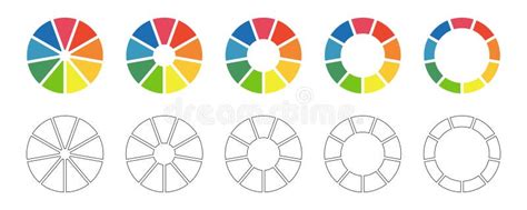 Donut Charts Set Pies Segmented On 9 Equal Parts Diagrams Infographic