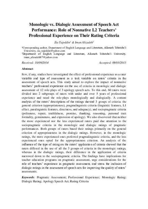 Pdf Monologic Vs Dialogic Assessment Of Speech Act Performance Role Of Nonnative L2 Teachers Pdf Monologic Vs Dialogic Assessment Of Speech Act Performance Role Of Nonnative L2 Teachers