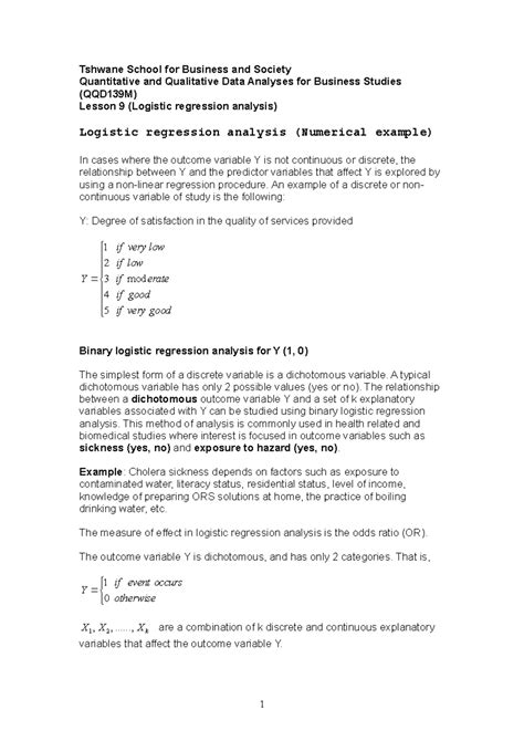 Lesson 9 Logistic Regression Analysis Tshwane School For Business
