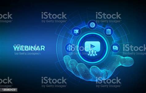 와이어프레임 핸드의 웨비나 아이콘 인터넷 컨퍼런스 웹 기반 세미나 거리 학습 가상 화면에서 E러닝 교육 비즈니스 기술 개념 벡터 그림입니다 인터넷에 대한 스톡 벡터 아트 및