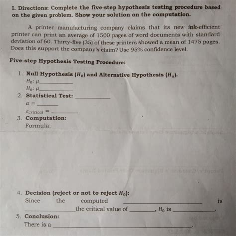 Solved I Directions Complete The Five Step Hypothesis Testing Procedure Based On The Given
