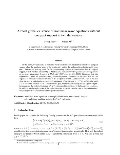 Pdf Almost Global Existence Of Nonlinear Wave Equations Without