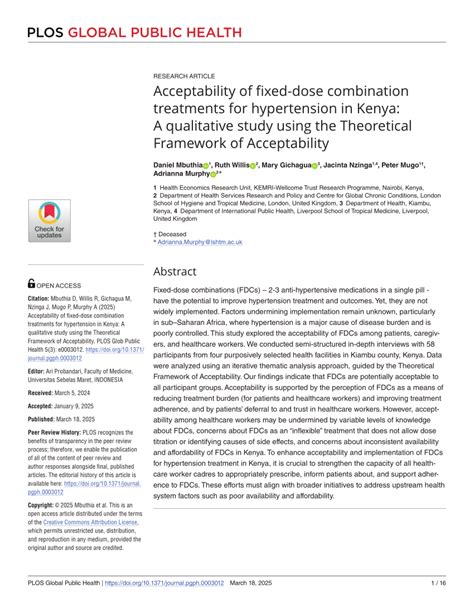 Pdf Acceptability Of Fixed Dose Combination Treatments For Hypertension In Kenya A