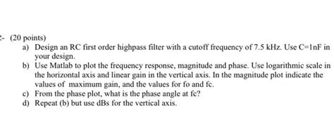 solved 20 points a design an rc first order highpass